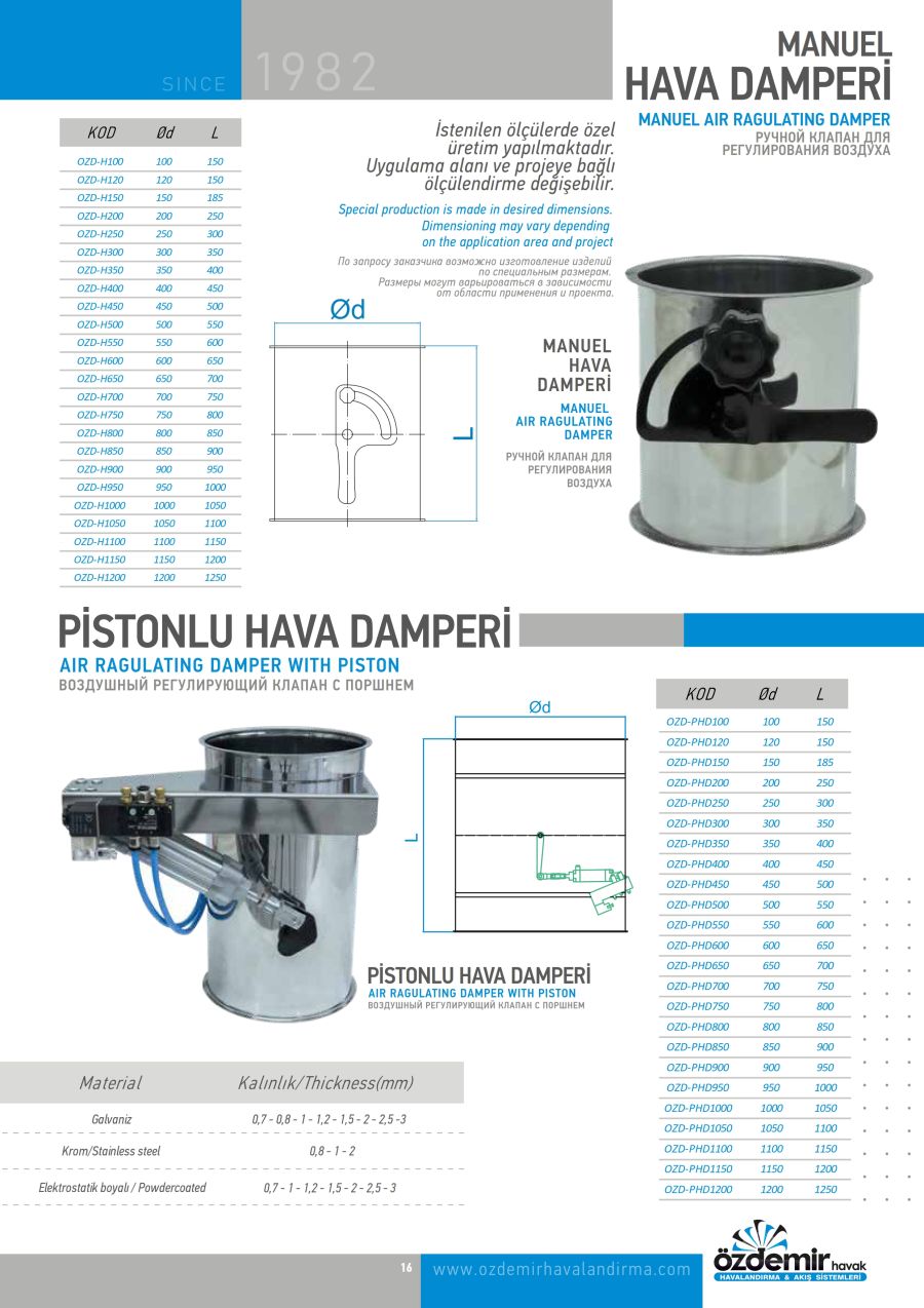 MANUEL HAVA DAMPERİ ve PİSTONLU HAVA DAMPERİ